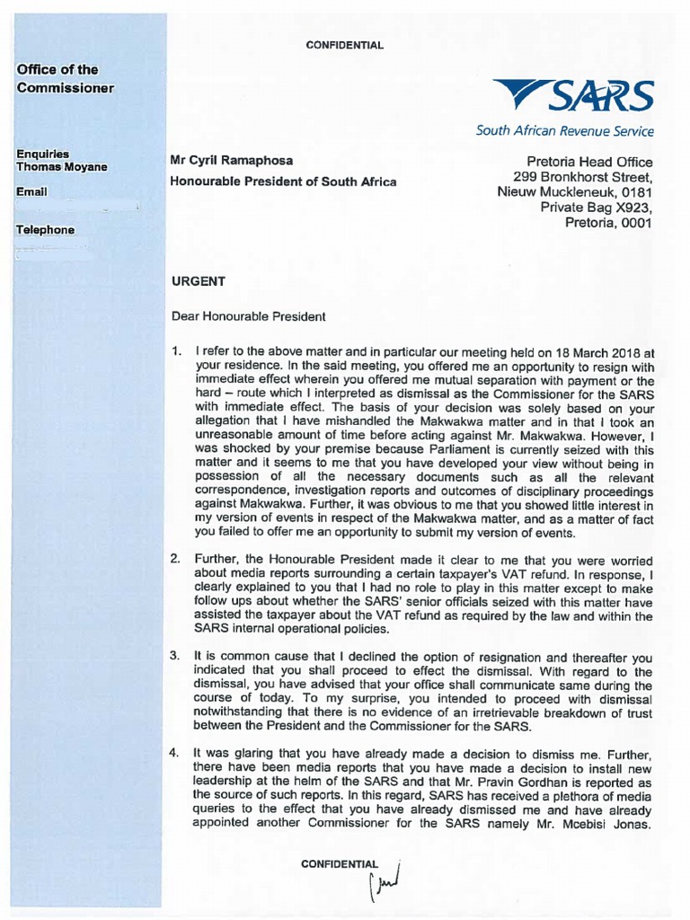 Tom Moyane's Letter To President Cyril Ramaphosa | PDF