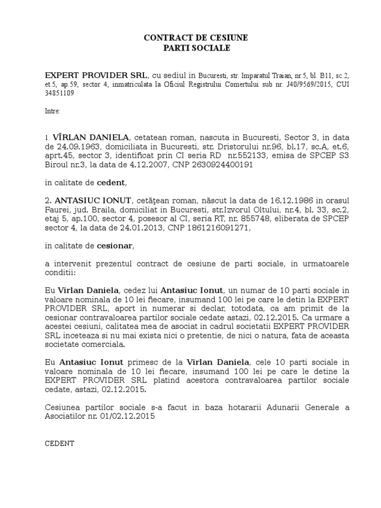 Model Contract de Cesiune SSM | PDF