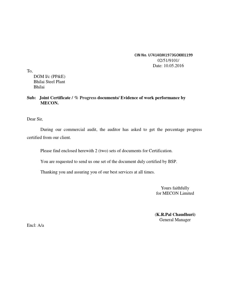 Sub: Joint Certificate / Documents/ Evidence of Work Performance by ...