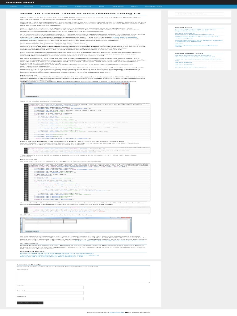 How To Create Table In Richtextbox Using C C Sharp Programming Language File Format 2736