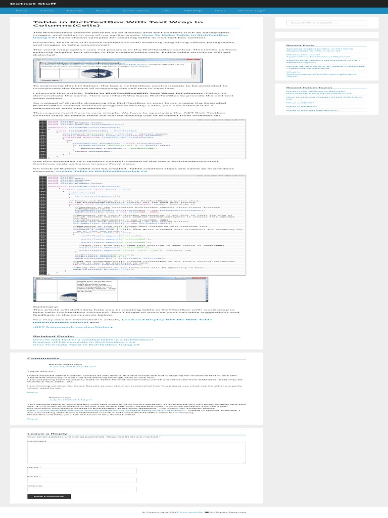 Table In Richtextbox With Text Wrap In Columns Cells Pdf C Sharp Programming Language Xml 