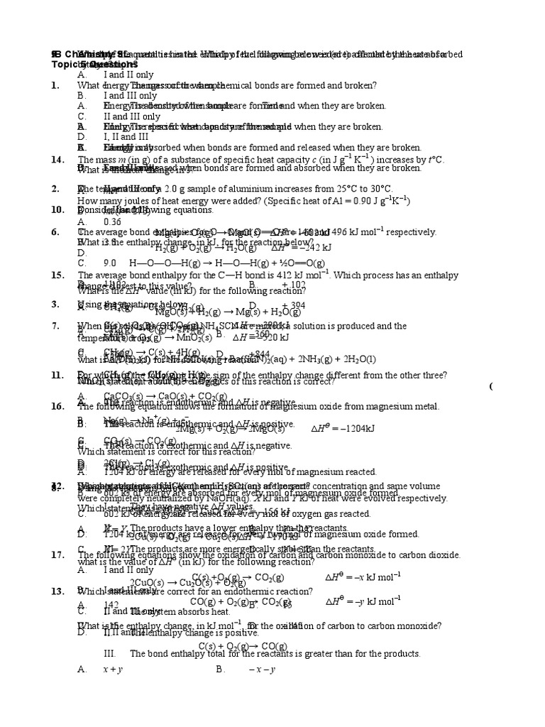 MCT MC (T + 273) : IB Chemistry SL Topic 5 Questions 1. 5. 9 | PDF ...