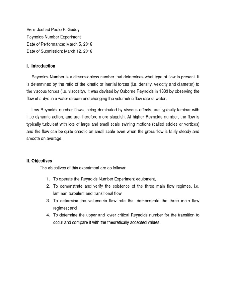 ChE 145 Post Lab Report - Experiment 1 - Reynolds Number Experiment ...