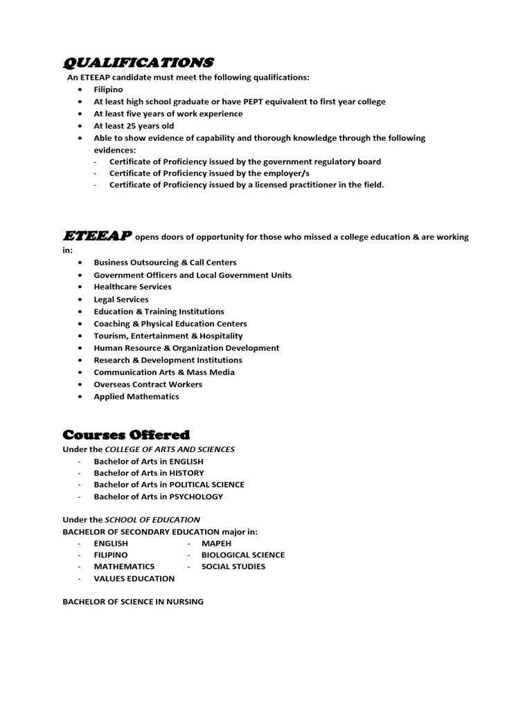 QUALIFICATIONS and REQUIREMENTS of ETEEAP-1 | PDF | College | Academic ...