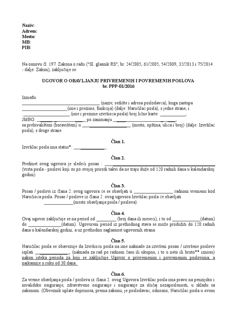 Ugovor o Obavljanju Privremenih i Povremenih Poslova