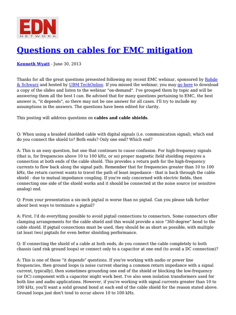 Questions On Cables For EMC Mitigation | PDF | Coaxial Cable ...