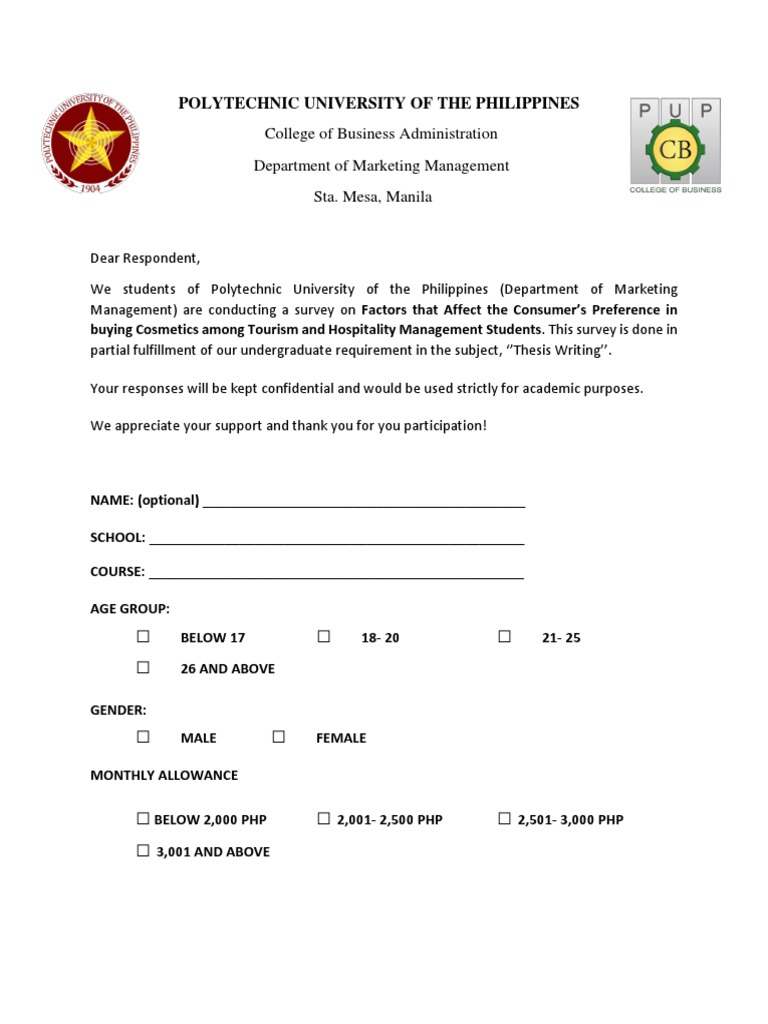 PUP Marketing Management Cosmetics Survey | PDF | Brand | Cosmetics