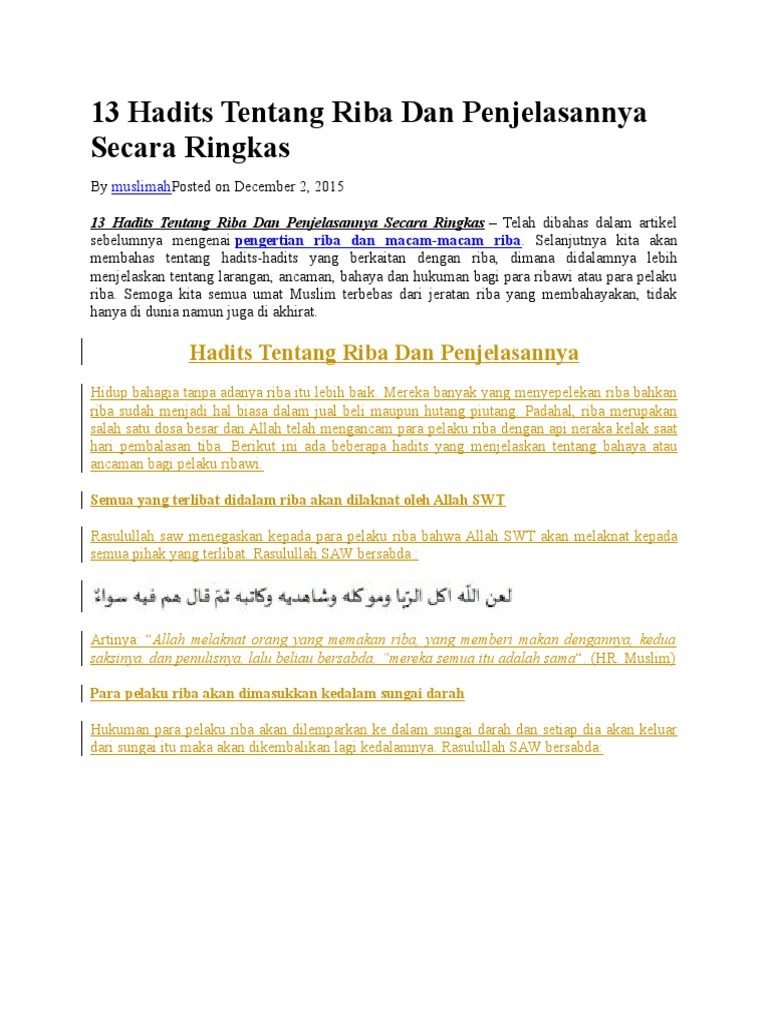 13 Hadits Tentang Riba Dan Penjelasannya Secara Ringkas | PDF