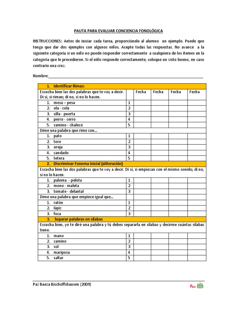 Evaluación de Conciencia Fonológica | PDF
