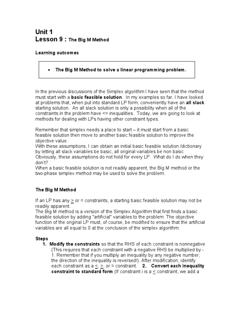 Big M Method | PDF | Algebra | Mathematical Concepts