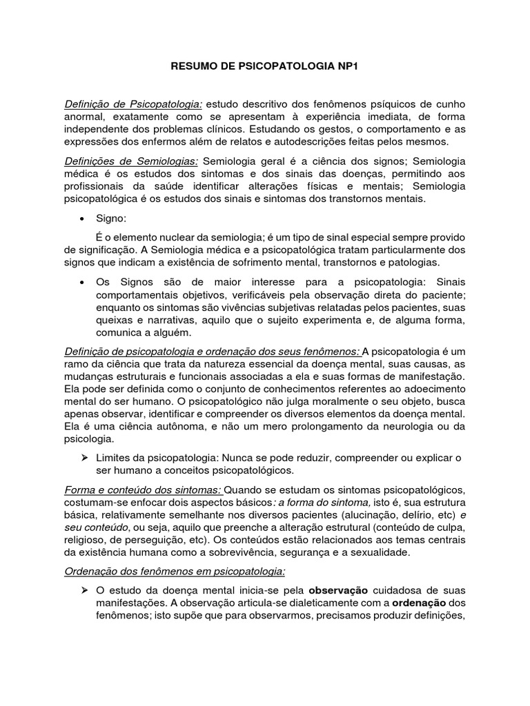 Resumo np1 Psicopatologia | PDF | Psicopatologia | Distúrbio mental