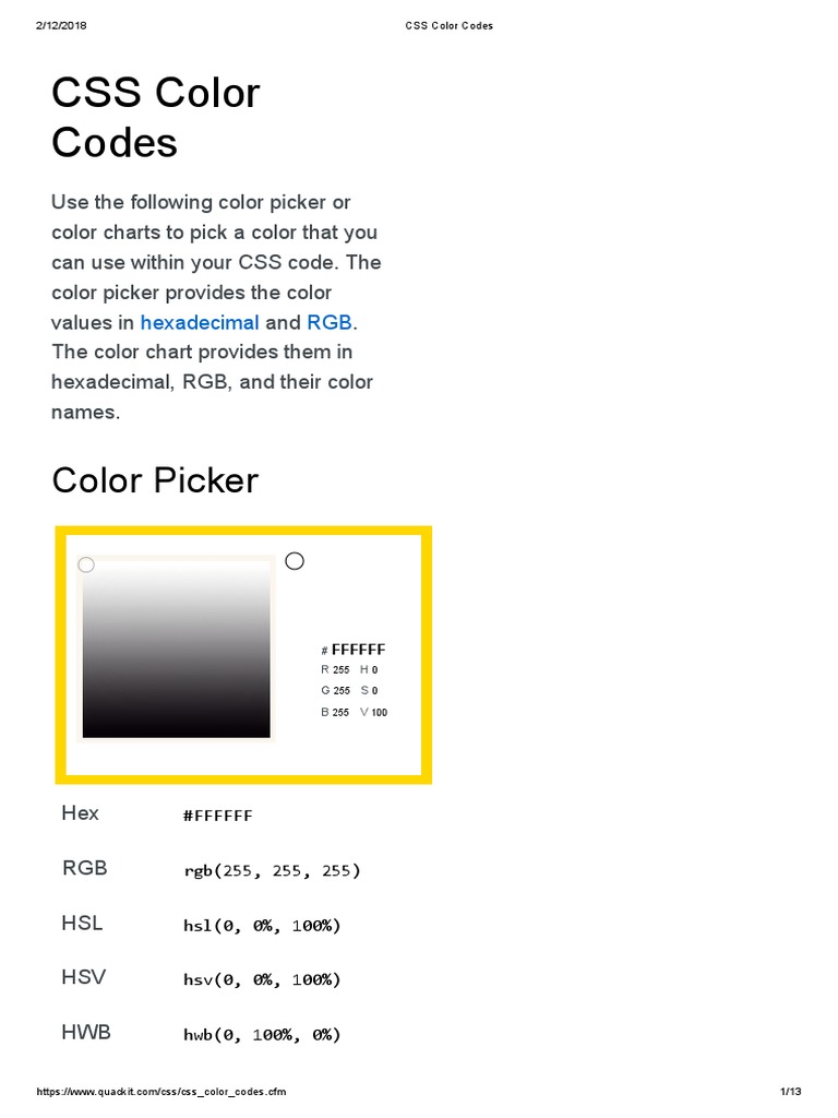 Color Codes For Css Pdf Cascading Style Sheets Rgb Color Model 