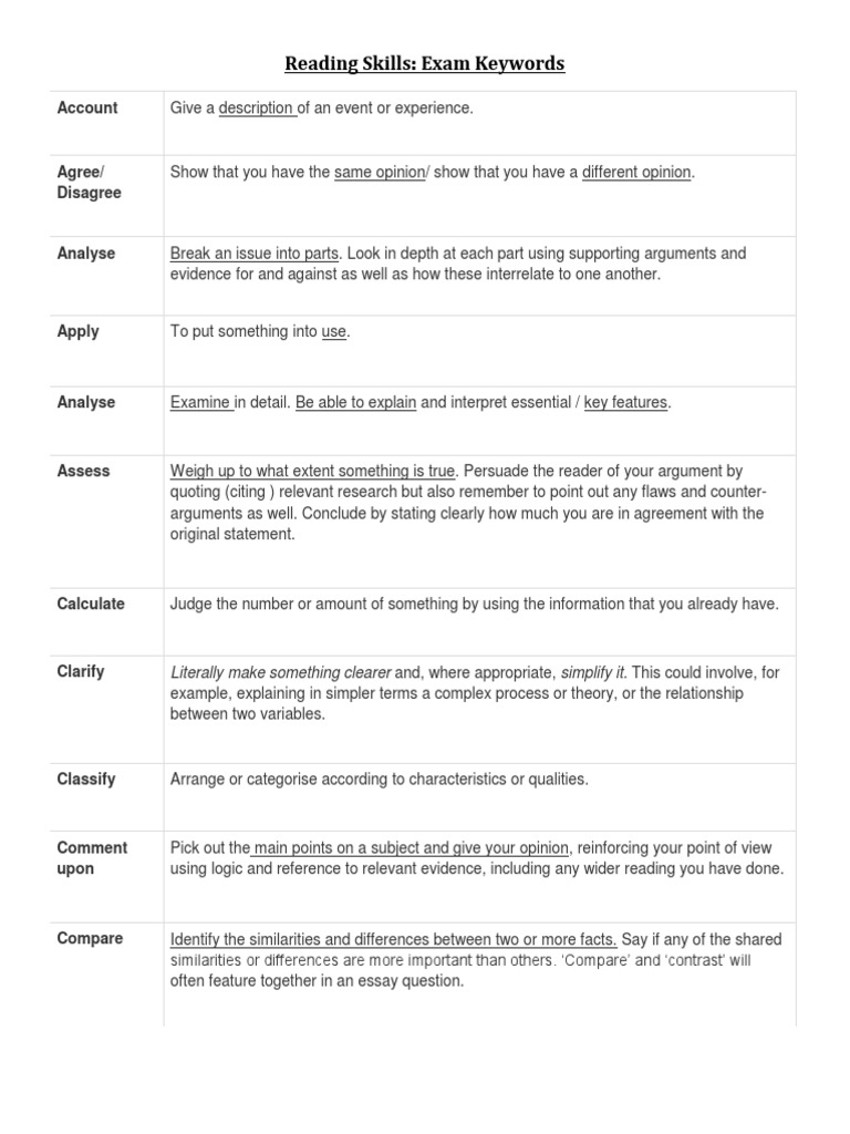 Reading Skills - Exam Words | PDF | Argument | Question