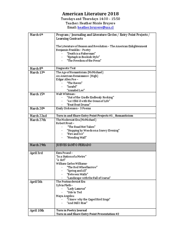 American Literature Syllabus 2018 | PDF | American Literature | Poetry