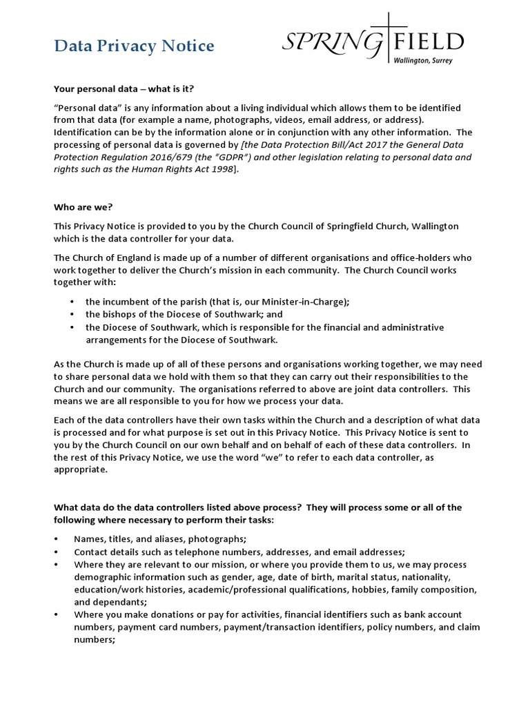 Springfield Church Data Privacy Notice | PDF | Personally Identifiable ...