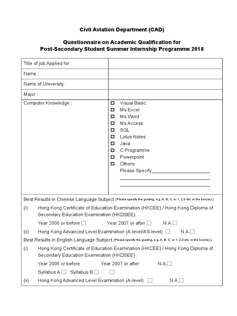 Civil Aviation Department (CAD) Questionnaire On Academic Qualification ...