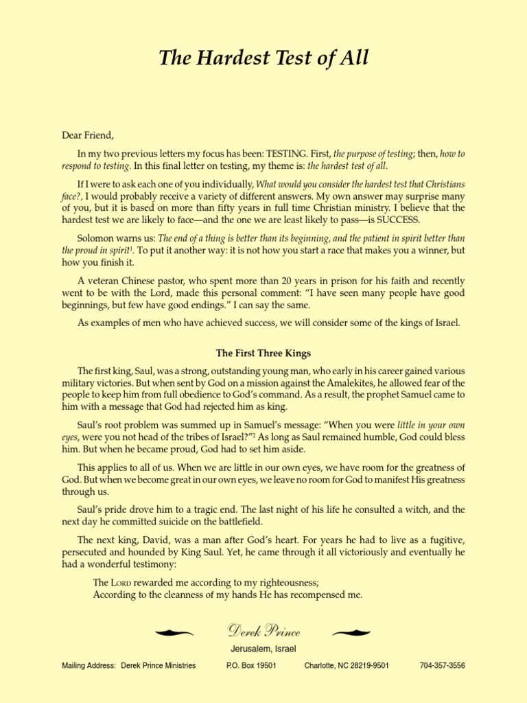 The Hardest Test of All: Derek Prince | PDF | David | Solomons