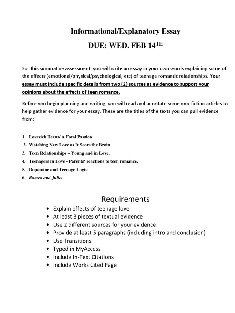 3rd Nine Weeks Summative Essay 17-18 | PDF | Adolescence | Romance (Love)