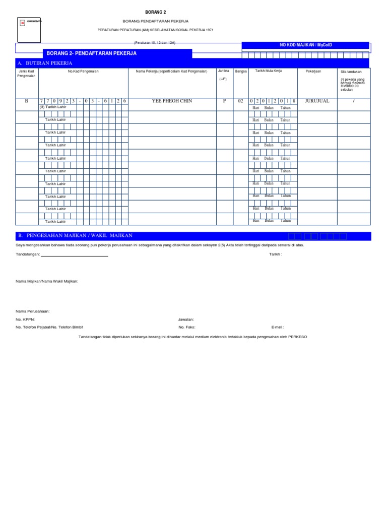 Borang 2 Pendaftaran Pekerja | PDF