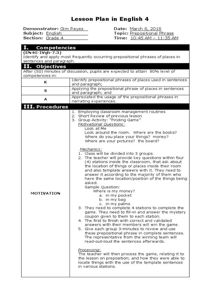 Grade 4 Lesson Plan: Prepositional Phrases | PDF | Preposition And ...