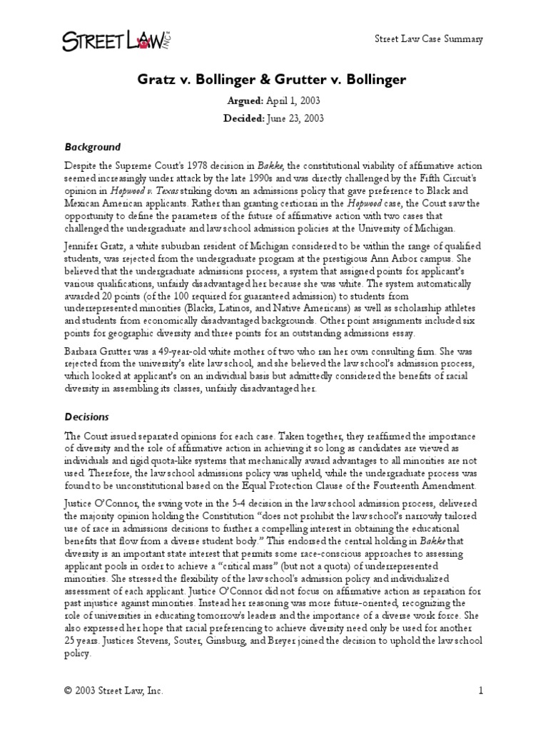 Gratz v. Bollinger & Grutter v. Bollinger | PDF | Equal Protection ...