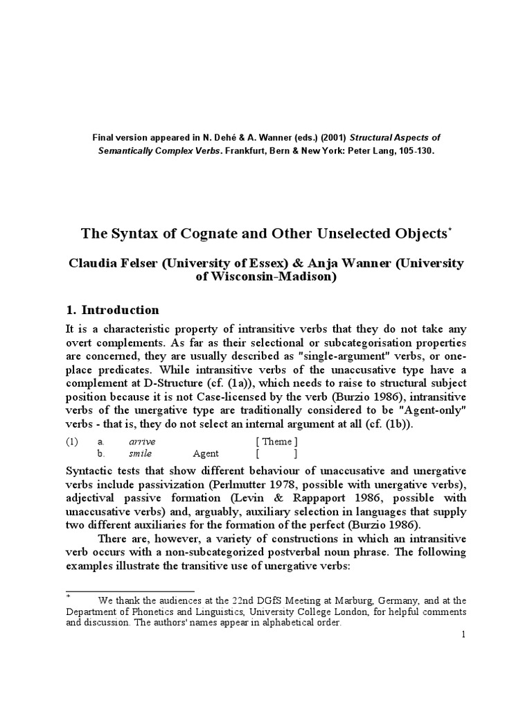 Felser C The Syntax of Cognate and Other Unselected Objects | PDF | Lexical Semantics | Clause