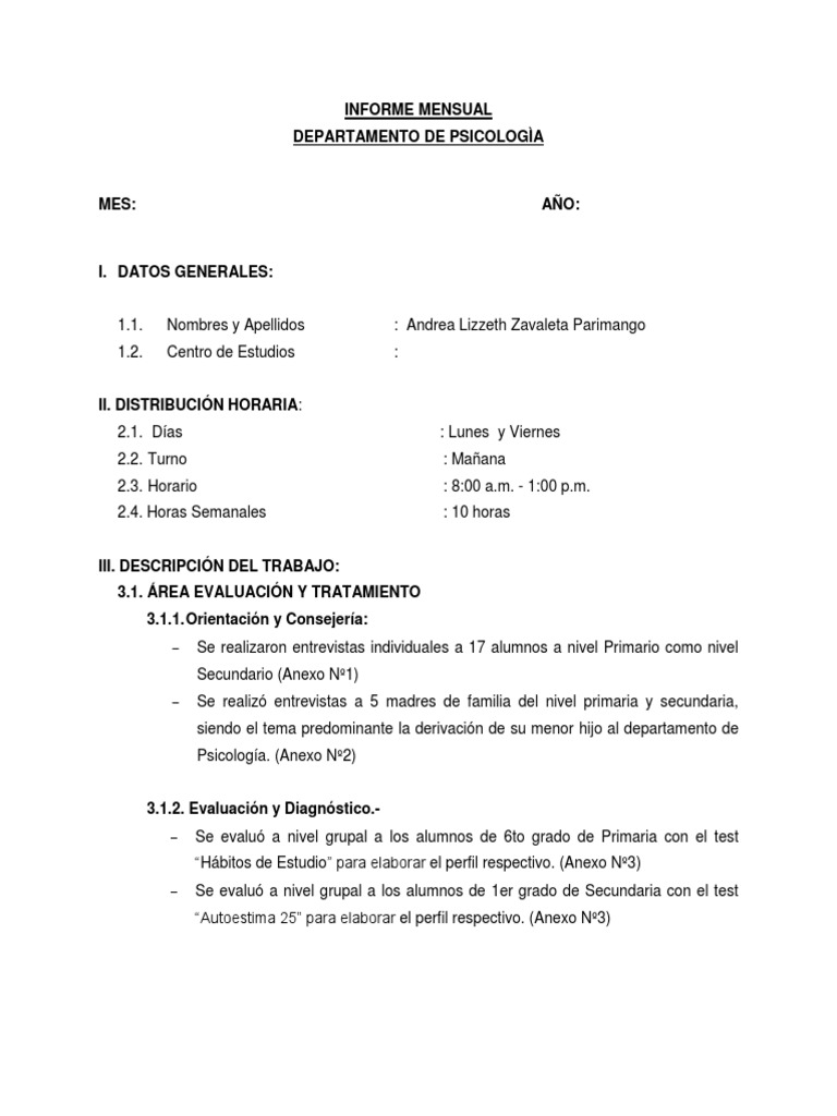 MODELO DE INFORME MENSUAL.docx | Juventud | Educación Secundaria