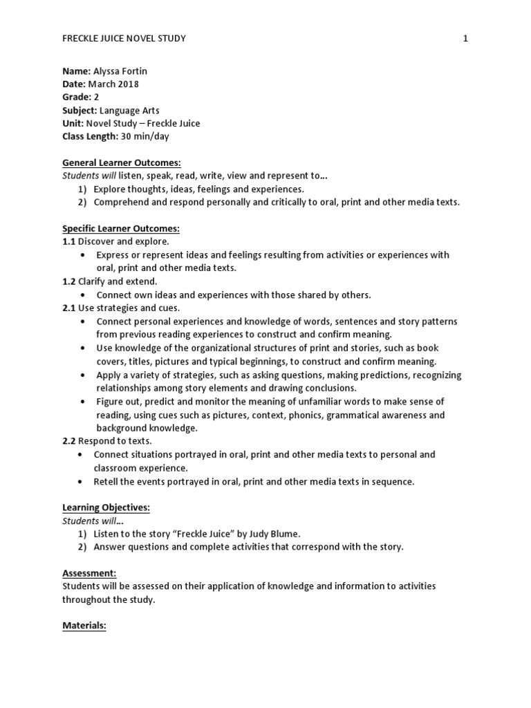 Freckle Juice Novel Study Guide | PDF | Reading (Process) | Learning