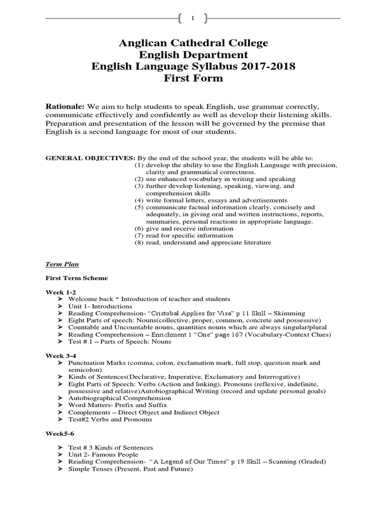 1st Form English Syllabus 2017-2018 | PDF | Part Of Speech | Verb