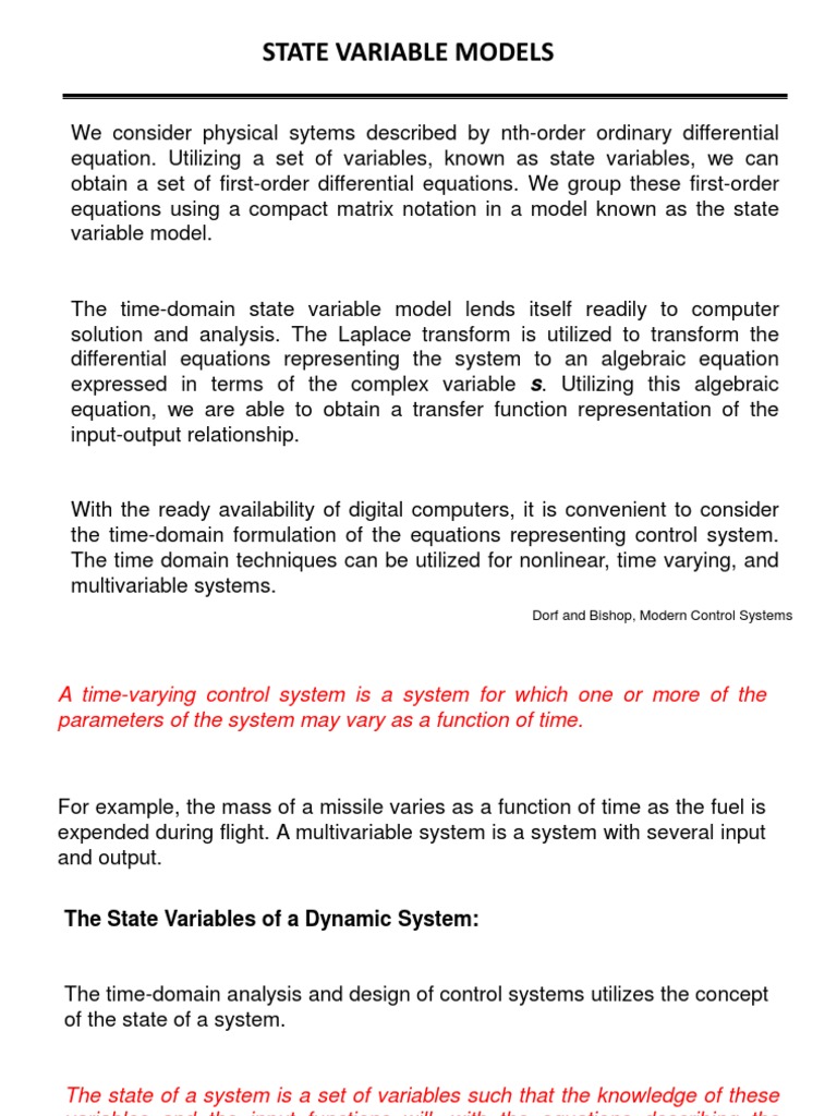 Unit5 State Variable Models | PDF | Control Theory | Lagrangian Mechanics