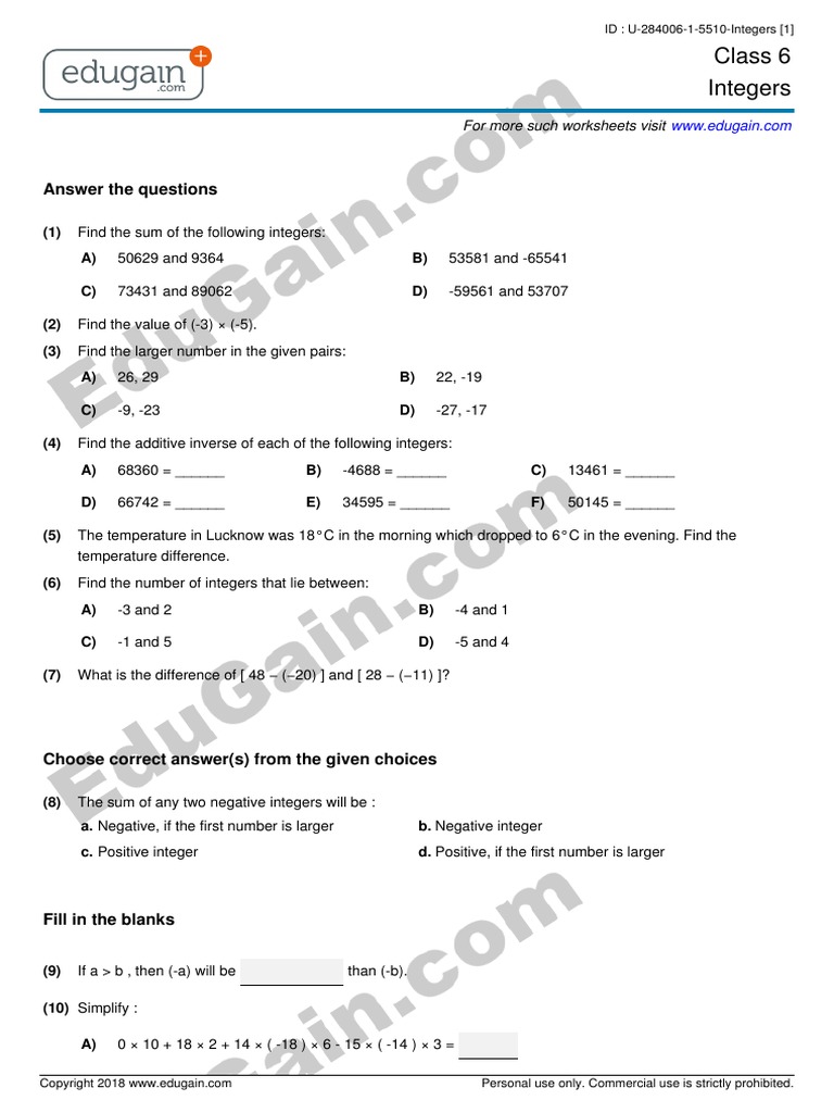 Class 6 Integers: Answer The Questions | PDF | Integer | Elementary ...