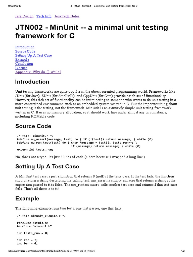 Jtn002 Minunit A Minimal Unit Testing Framework For C Pdf Unit Testing C Programming