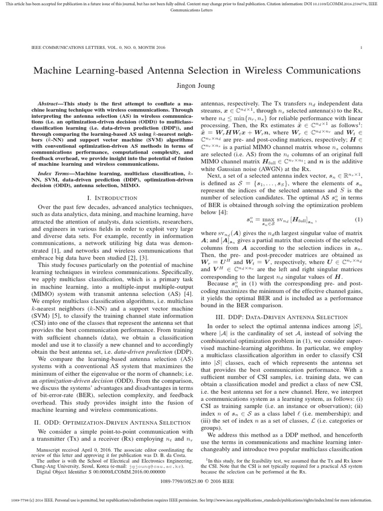 Machine Learning-Based Antenna Selection in Wireless Communications | PDF | Support Vector ...