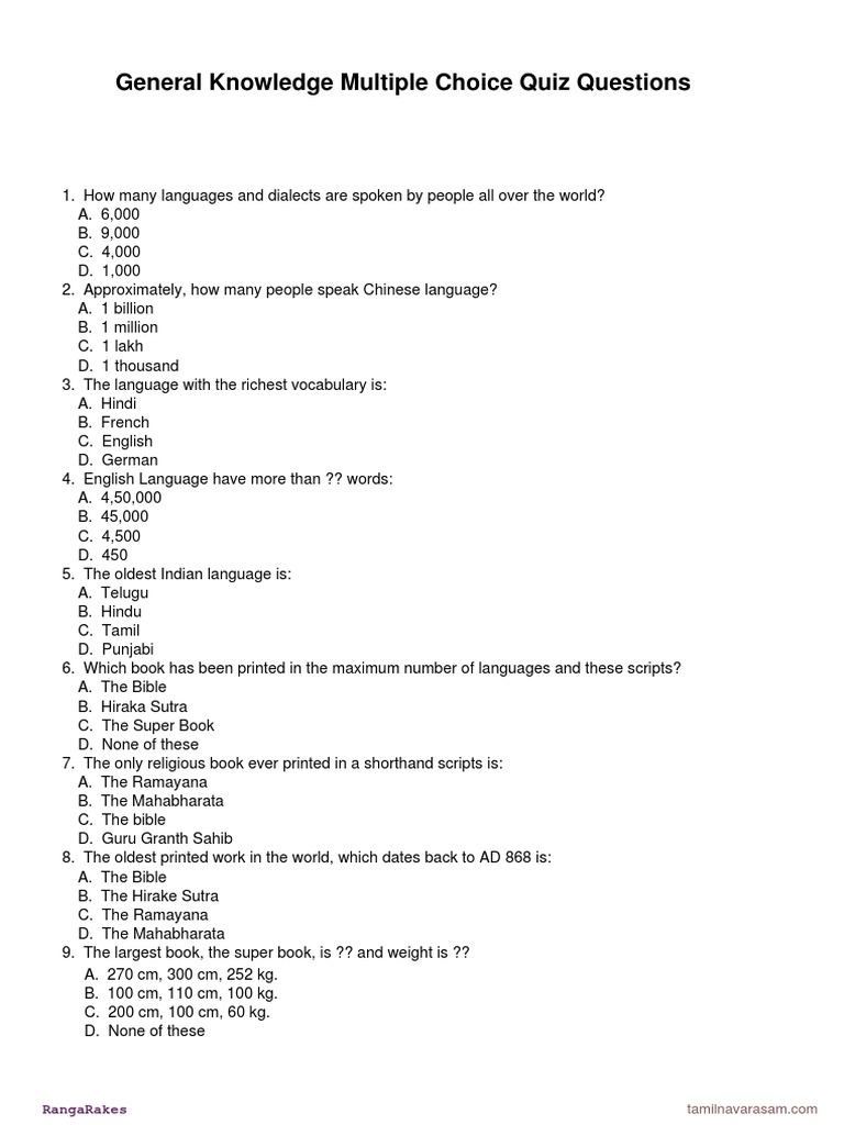 General Knowledge Multiple Choice Quiz Questions: Rangarakes | PDF ...
