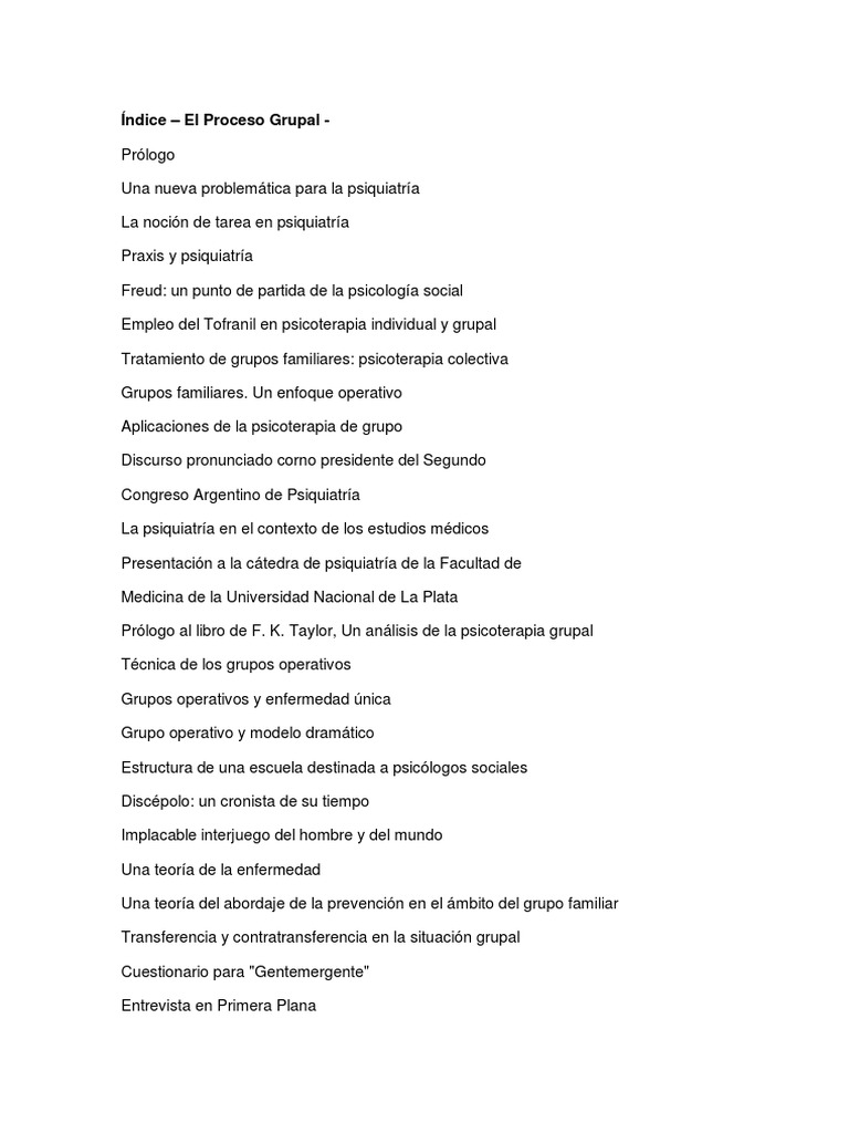 Pichón Riviere - El Proceso Grupal - Índice | PDF