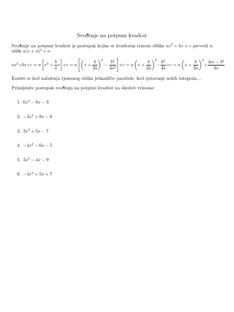 Formule Svodjenje Na Potpuni Kvadrat | PDF