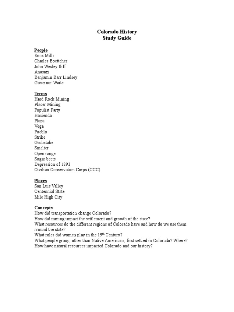 Colorado History Study Guide | PDF | Travel