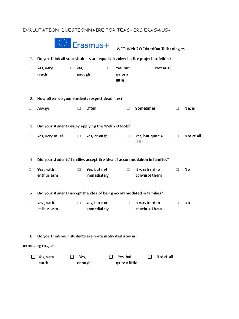 Evaluation Questionnaire For Teachers Erasmus 4 Atl | PDF | Educational ...