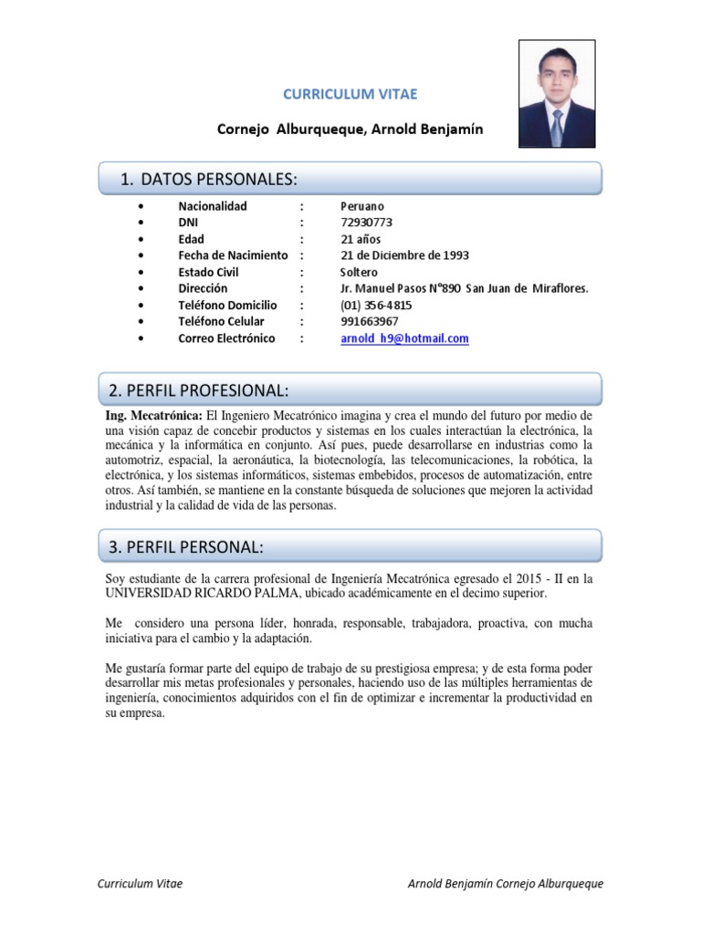 CV Cornejo Alburqueque Arnold | PDF | Mecatrónica | Ingeniería