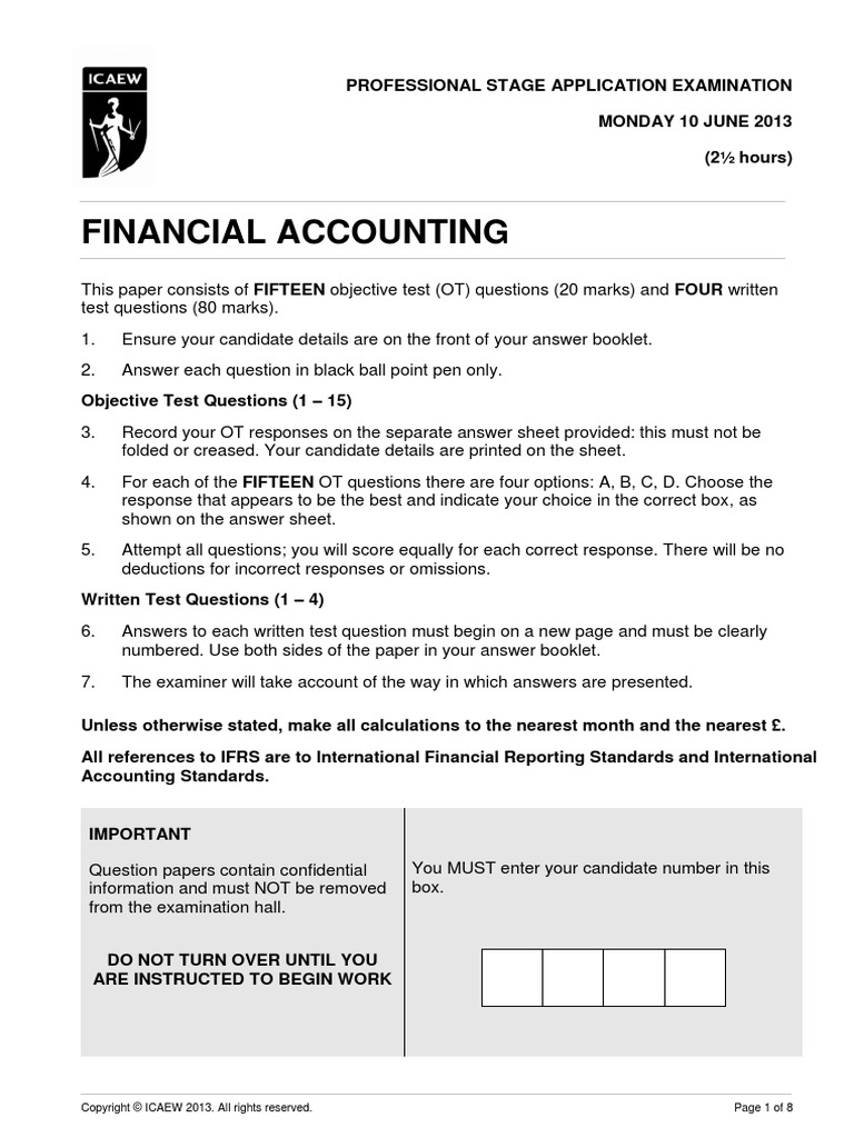 Financial Accounting June 2013 Exam Paper ICAEW | Depreciation ...