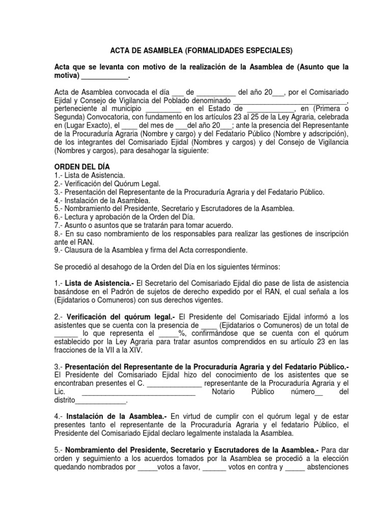Acta de Asamblea Ejidal Formalidades | PDF | Gobierno