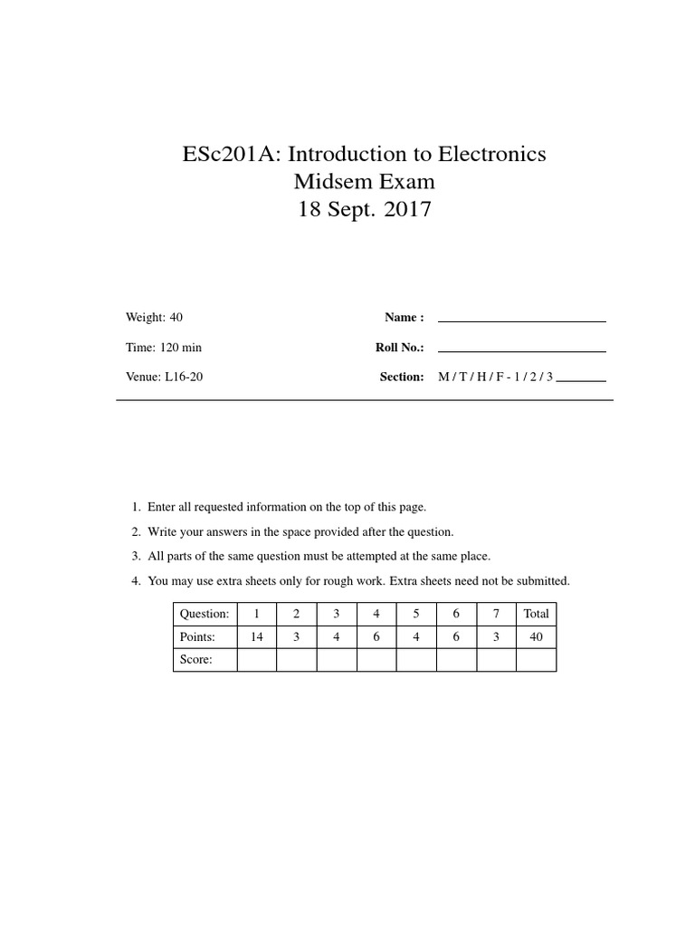 Esc201A: Introduction To Electronics Midsem Exam 18 Sept. 2017 | PDF | Electrical Network ...