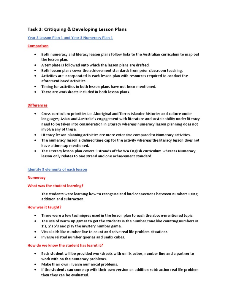 Task 3: Critiquing & Developing Lesson Plans: Comparison | PDF | Lesson ...