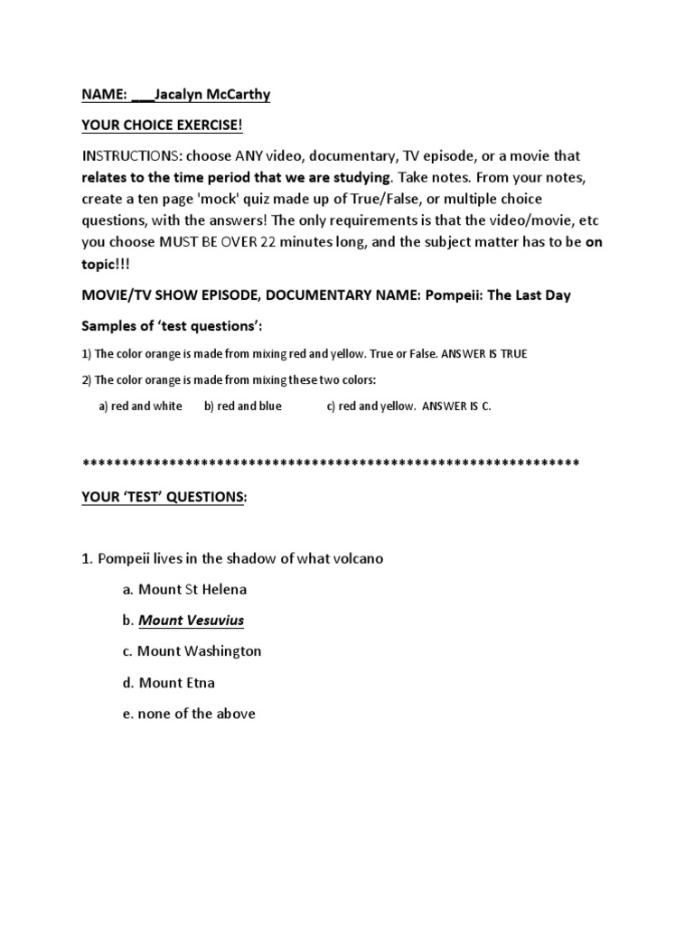 Your Choice Worksheet | PDF | Pompeii | Mount Vesuvius
