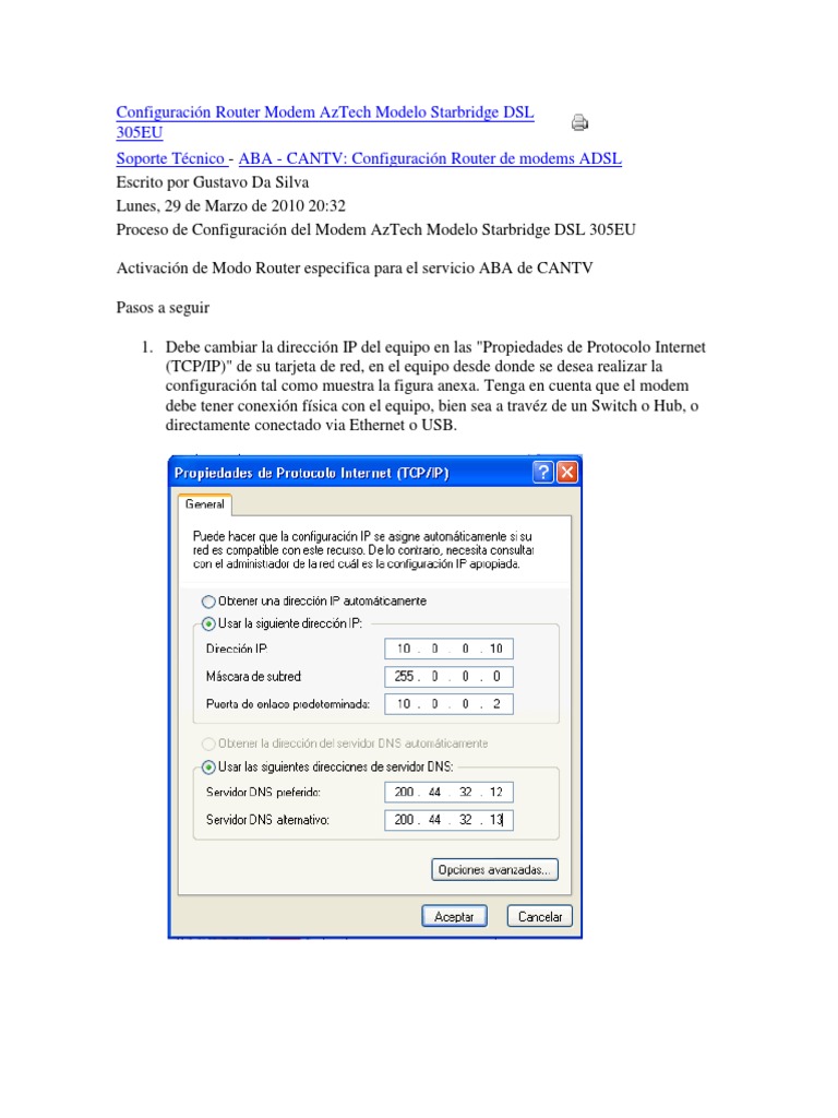 Configuración Router Modem AzTech Modelo Starbridge DSL 305EU | PDF ...