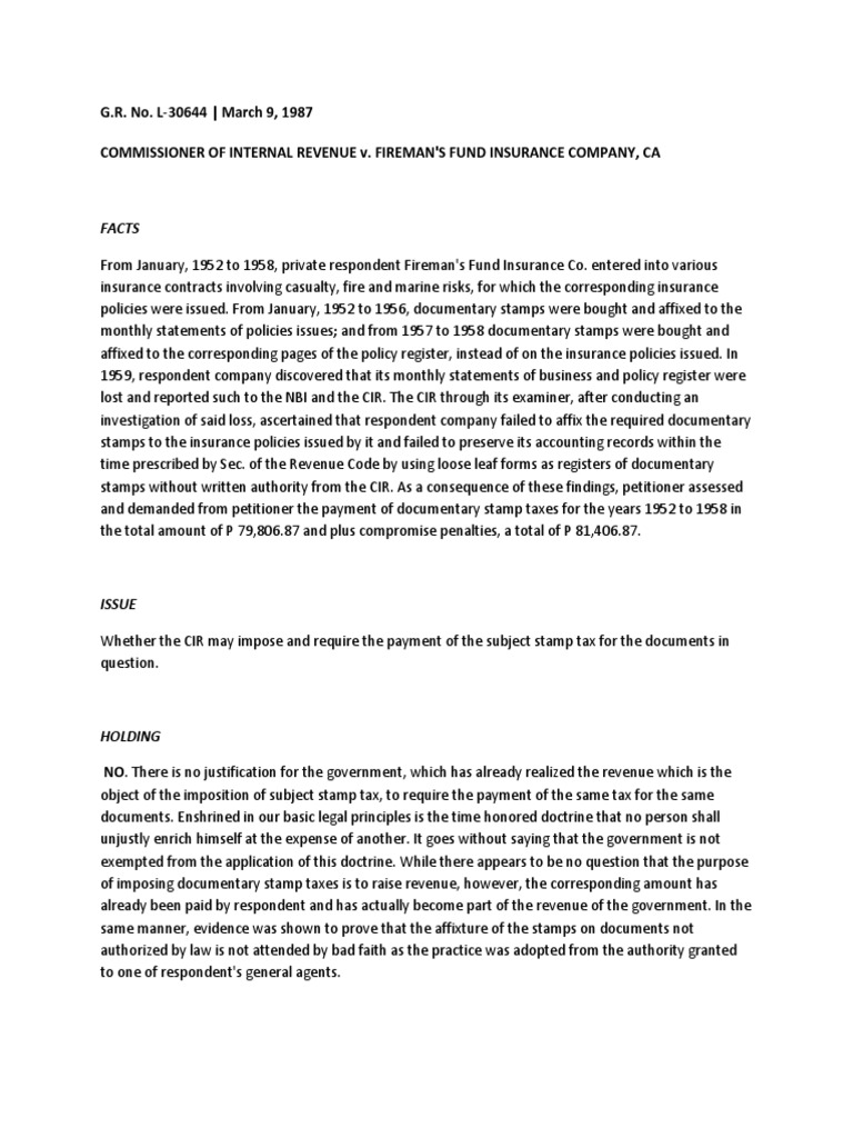 Tax Dispute: CIR vs. Fireman's Fund | PDF | Business