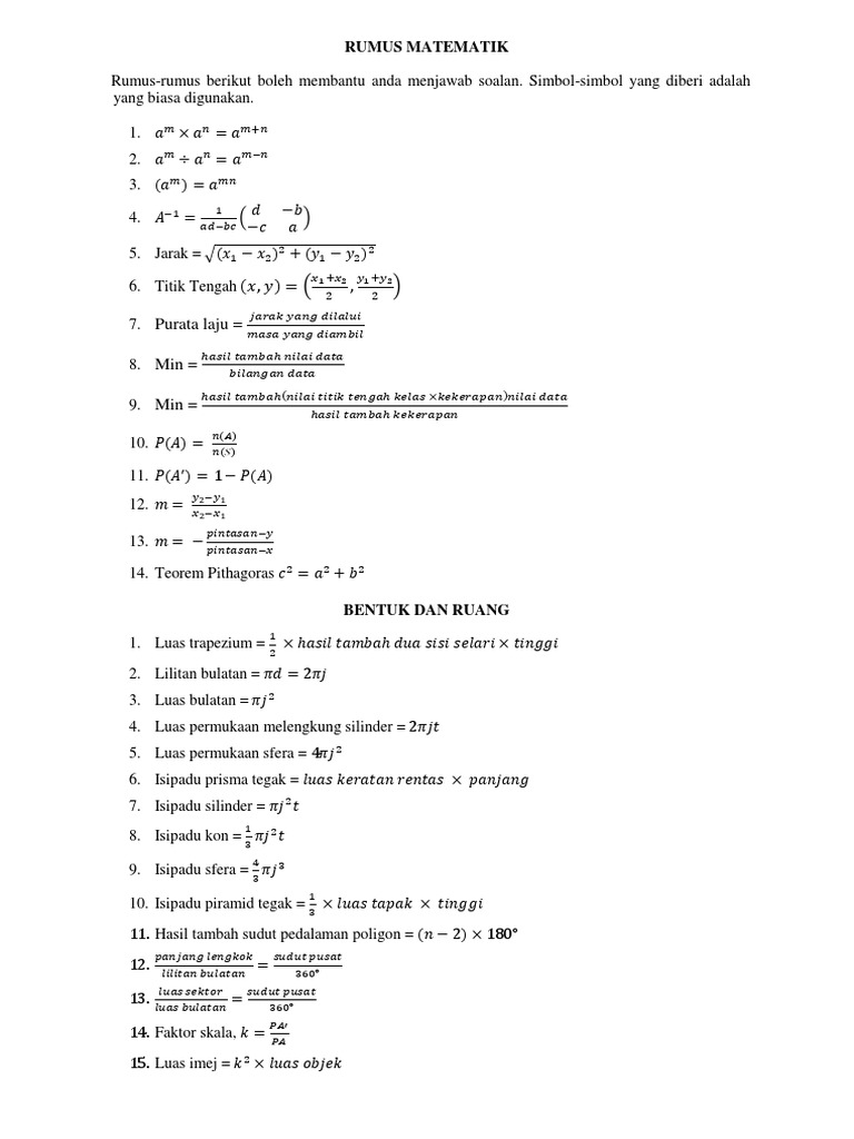 Rumus Matematik Pelajar | PDF