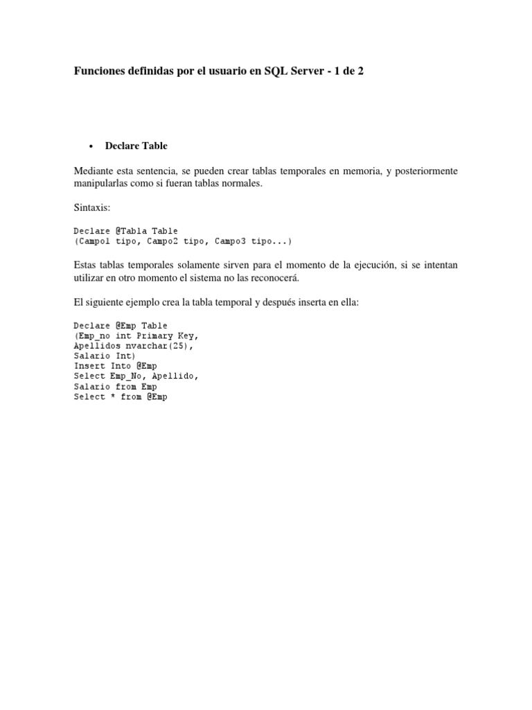 Funciones Definidas Por El Usuario en SQL Server | PDF | SQL | Servidor SQL de Microsoft