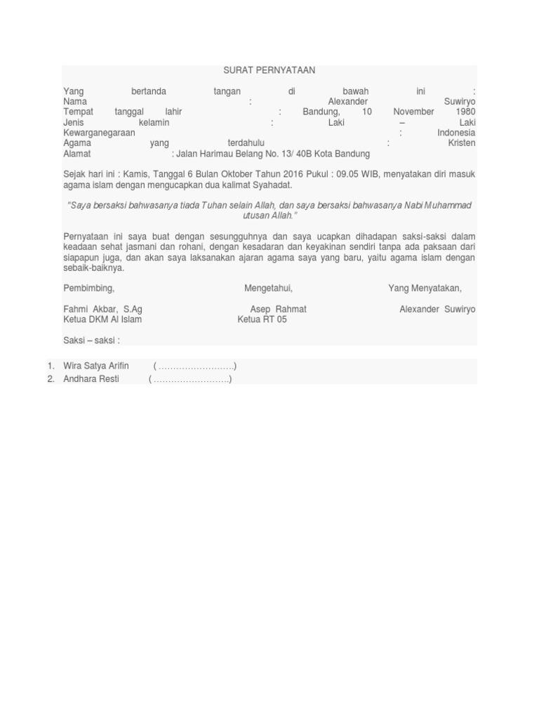 Surat Pernyataan Masuk Islam | PDF