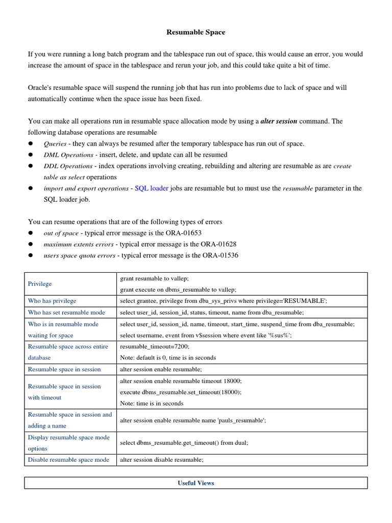 Resumable Space | PDF | Oracle Database | Application Software